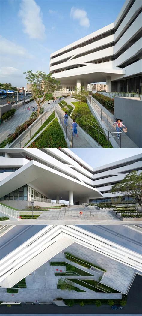 深圳市龙华区第二外国语学校 校园主入口区景观设计巧用地形高差造景列植乔木孤植记忆大树无障碍坡道和交织其中的绿化组团让各层级间产生奇妙的
