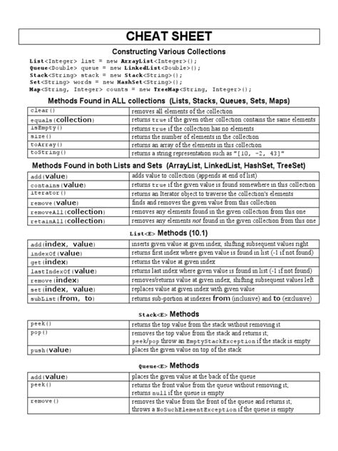 Cheat Sheet Constructing Various Collections Pdf Queue Abstract