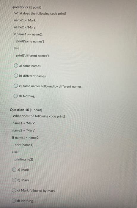 solved question 9 1 point what does the following code