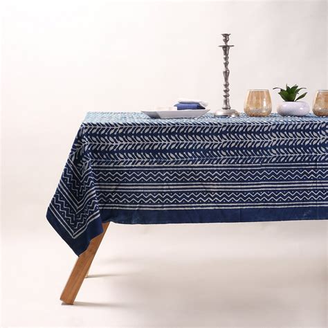 Indian Dyed Blue Indigo Vegetable Cotton Block Print Tablecloth Linen
