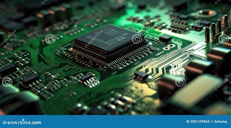 Macro Shot Of A Microprocessor On A Green Circuit Board Stock