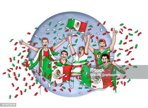 멕시코의 국기로 축하하는 다섯 명의 멕시코 축구 팬 그룹 멕시코에 대한 스톡 벡터 아트 및 기타 이미지 멕시코 멕시코 문화 축하 Istock