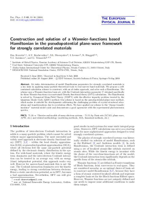 Pdf Physical Journal B Construction And Solution Of A Wannier Functions Based Hamiltonian In