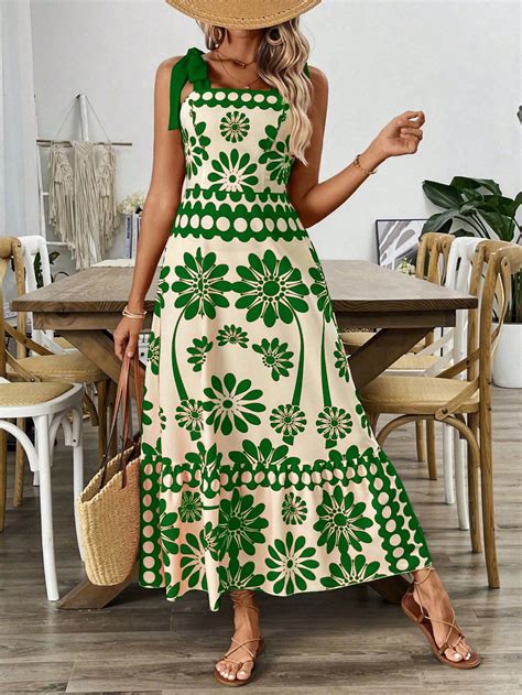 Vintage Print Laced Shoulder Cut Out Waist Summer Maxi Dress Boho