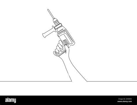 One Single Line Drawing Of Man Holding Electric Hand Drill Machine