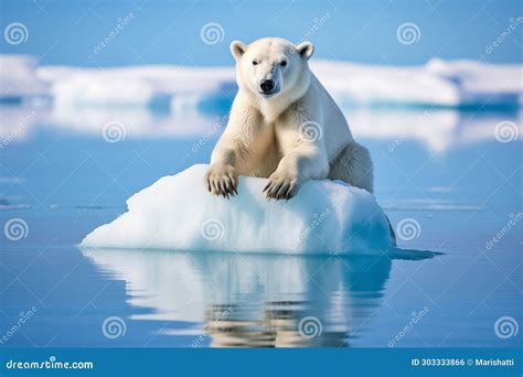 Polar Bear Stranded On Melting Ice Floe Amidst Sea Global Warming