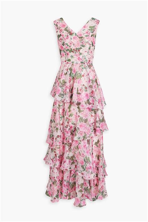 Mikael Aghal Tiered Floral Print Habotai Gown In Pink Lyst