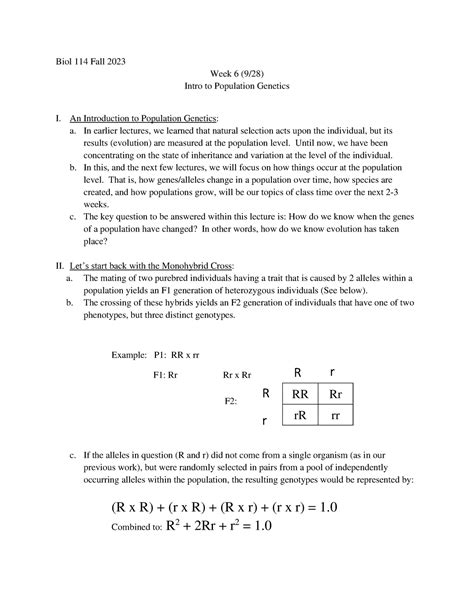 Lecture Week 6 9 28 Notes Population Genetics Biol 114 Fall 2023 Week 6 928 Intro To