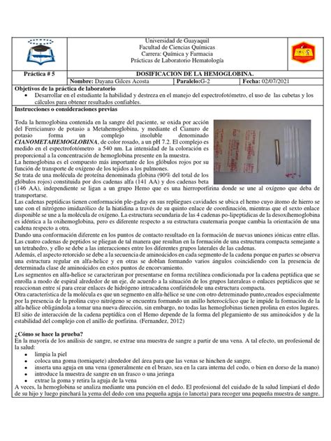 Determinación De La Concentración De Hemoglobina En Muestras De Sangre