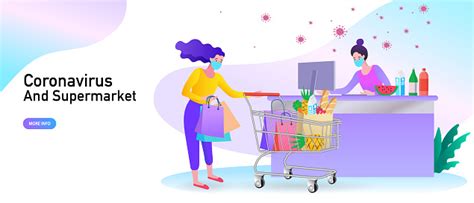 슈퍼마켓 상점 카운터 점원 과 의료 마스크에 구매자 음식의 카트 코로나바이러스 전염병 개념 사회적 거리 두기 코로나바이러스에
