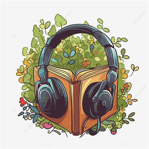 Hörbuch Clipart Buch Mit Kopfhörern Und Pflanzen Im Hintergrund Cartoon