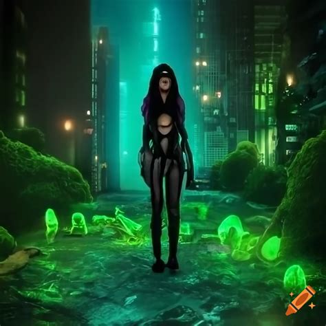 Glowing Biopunk Cityscape With Greenery Crystals And Cyborg Goddesses
