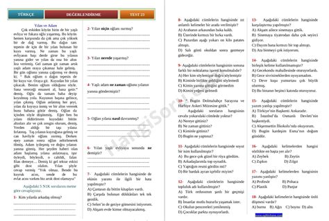 Sınıf Türkçe Değerlendirme Testi HangiSoru