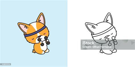 클리파트 웨일스 어 코기 스포츠맨 멀티 컬러 및 흑백 귀여운 강아지 운동 선수 스티커 베이비 샤워 색칠 공부 옷 지문을위한