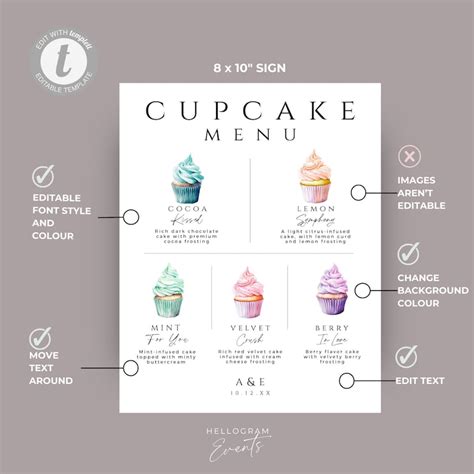 Cupcake Menu Template Minimal Wedding Cake Sign Modern Printable