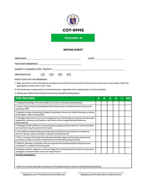 Cot Forms Pre Observation Rating Sheet Observation Notes Pdf
