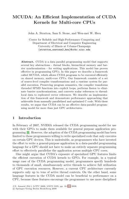 MCUDA An Efficient Implementation Of CUDA Kernels For Multi Core