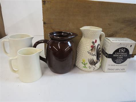 Wooden Crate Whandles Vase 2 Metal Ceramic Ware Bowls Pitchers