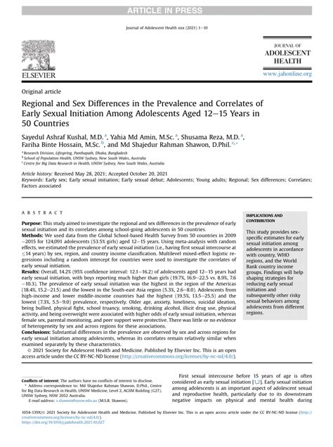 PDF Regional And Sex Differences In The Prevalence And Correlates Of Early Sexual Initiation