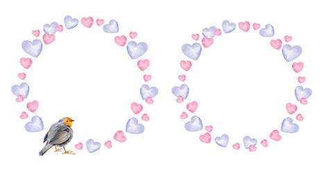 하트와 귀여운 빨간 가슴 새와 라운드 프레임의 수채화 세트 발렌타인 데이 테마 하트에서 화환의 그림을 손으로 그리기 흰색 배경에 분홍색과 라일락 색상 0명에 대한 스톡 벡터