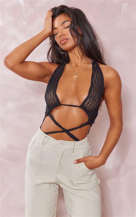 Black Halter Bodysuit Prettylittlething Aus