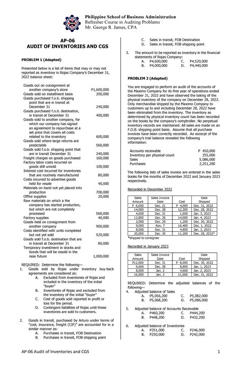 AP 06 Audit Of Inventories Refresher Course In Auditing Problems Mr