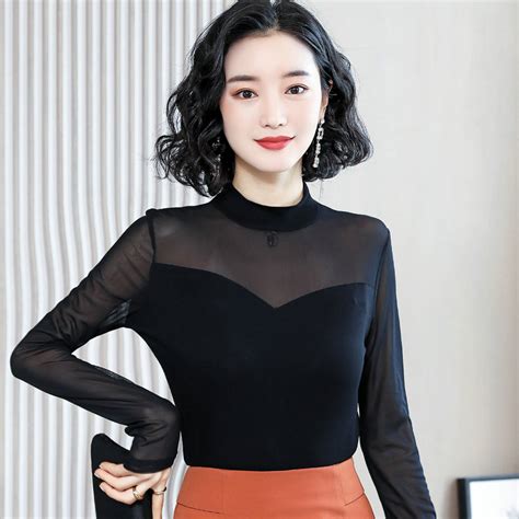 半高领蕾丝网纱打底衫内搭2023春秋新款洋气莫代尔长袖上衣女修身虎窝淘