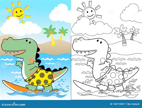 Dinosaurs Cartoon The Funny Surfer Stock Vector Illustration Of