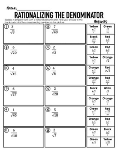 Rationalizing Monomial Denominator Color By Number Activity Tpt