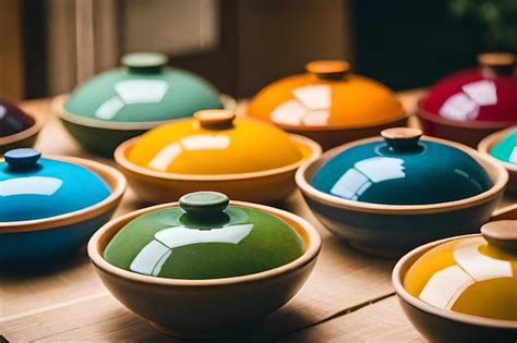 Premium AI Image Colorful Bowls On A Table One Of Which Has A White