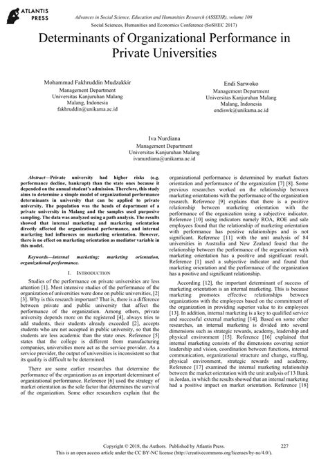 Pdf Determinants Of Organizational Performance In Private Universities
