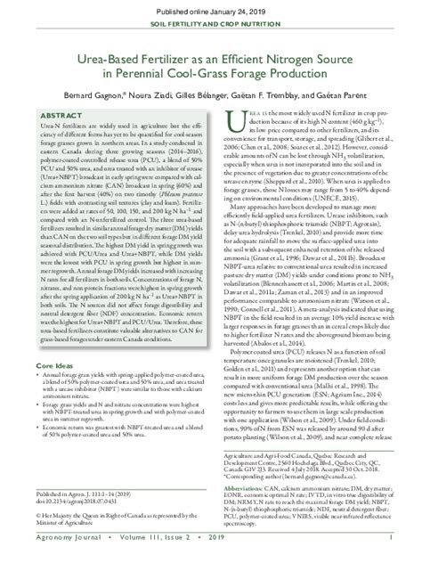 Pdf Urea‐based Fertilizer As An Efficient Nitrogen Source In