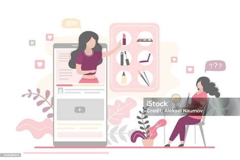 여성 뷰티 블로거는 모바일 화면에 화장품 비디오 응용 프로그램에 대한 리뷰를 만들기 동영상 블로그 채널에서 메이크업에 대해 보고