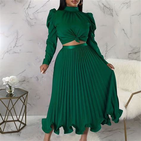 Elegant Matching Two Piece Skirt Set Puff Sleeve Top And Pleated Skirt