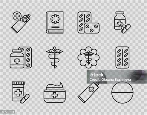 세트 라인 의학 병 및 알 약 또는 태블릿 알 약 물집 팩 연고 크림 튜브 약 Caduceus 뱀 의료 기호 그리고 아이콘 벡터 아이콘에 대한 스톡 벡터 아트 및 기타