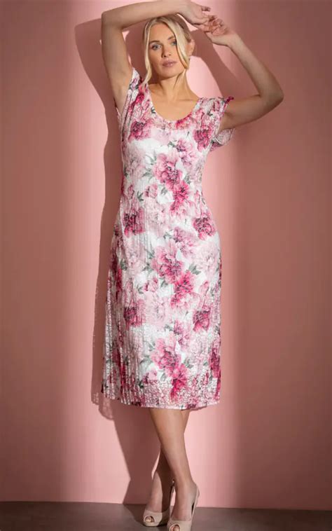 Floral Print Lace Pleated Midi Dress In Ivory And Pink Klass Silkfred Us