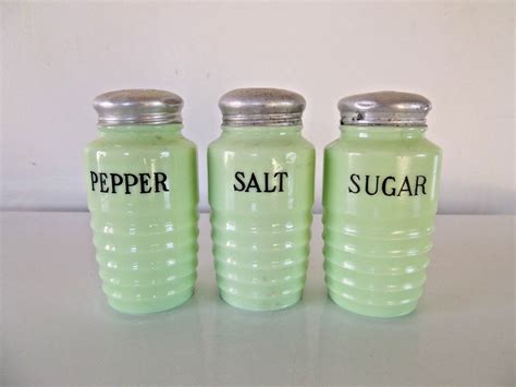 Vintage Jeannette Jadeite Jadite Green Ribbed Salt Pepper Sugar Shakers