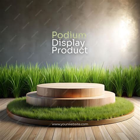 Premium Psd Natural Elegance Wood Podium With Grass Display Mockup