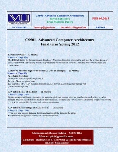 Cs501 Advanced Computer Architecture Final Term Spring Vuzs