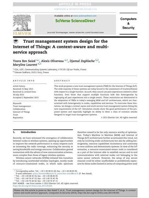 Pdf Trust Management System Design For The Internet Of Things
