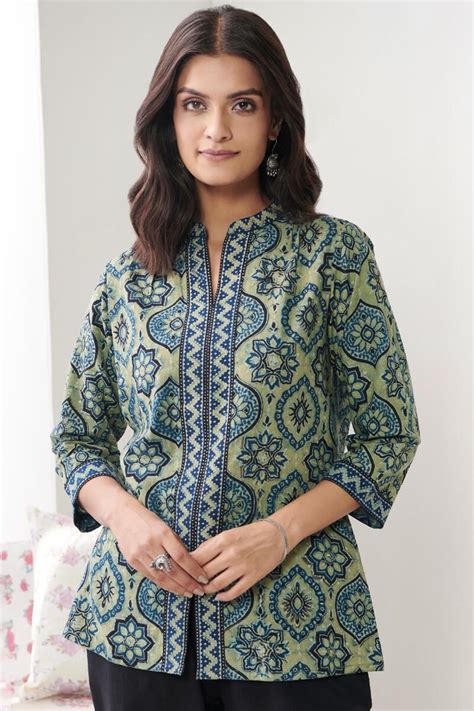 Buy White Block Printed Cotton Top For Women Fgt21 39 Farida Gupta