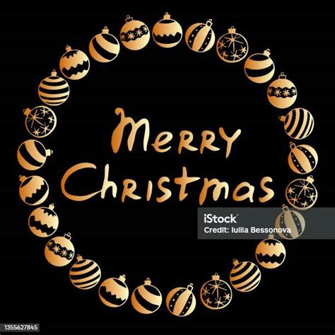 플랫 낙서 스타일의 골드 Xmas 나무 공의 벡터 라운드 프레임 손으로 그린 국경 제목 겨울 휴일 장식 인사말 카드 메리