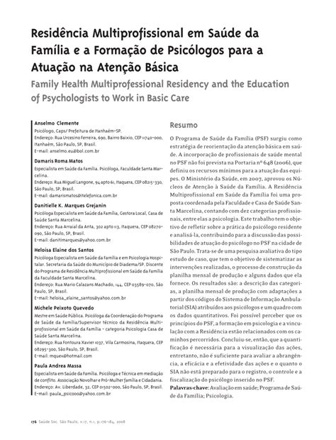 Pdf Resid Ncia Multiprofissional Em Sa De Da Fam Lia E A Forma O De Psic Logos Para A Atua O