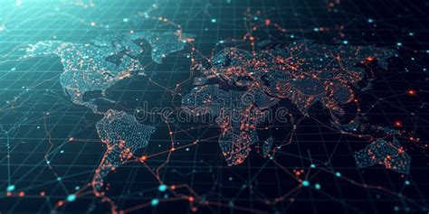 Digital World Map With Interconnected Nodes And Lines Representing Global Network Connectivity