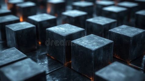 A Close Up View Of Textured Metallic Cubes With Glowing Edges Arranged On A Dark Surface