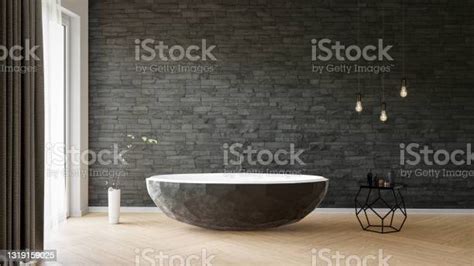 장식 개체 나무 바닥과 추상적인 욕조가있는 회색 욕실 인테리어 3d 일러스트레이션 다용도실에 대한 스톡 사진 및 기타 이미지