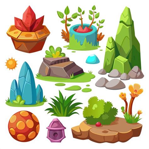 Uma Coleção De Diferentes Tipos De Plantas E Rochas Vetor Premium