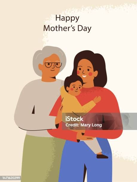 3대가 함께하는 어머니의 날 인사말 카드 할머니 젊은 여성 아들이 함께 서 있다 어머니에 대한 스톡 벡터 아트 및 기타 이미지 어머니 지원 3 명 Istock