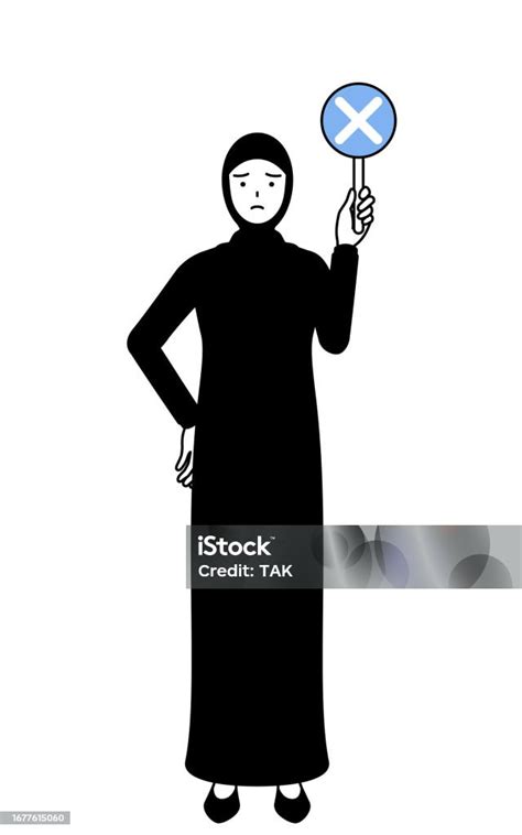 오답을 나타내는 X가 적힌 플래카드를 들고 있는 무슬림 여성 갖춰지지 않은 복장에 대한 스톡 벡터 아트 및 기타 이미지 갖춰