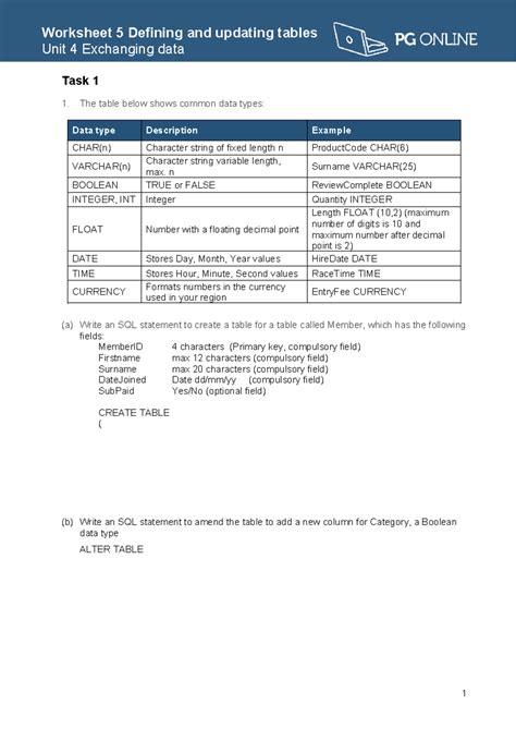 Exchanging Data Worksheet 5 Defining And Updating Tables Using SQL
